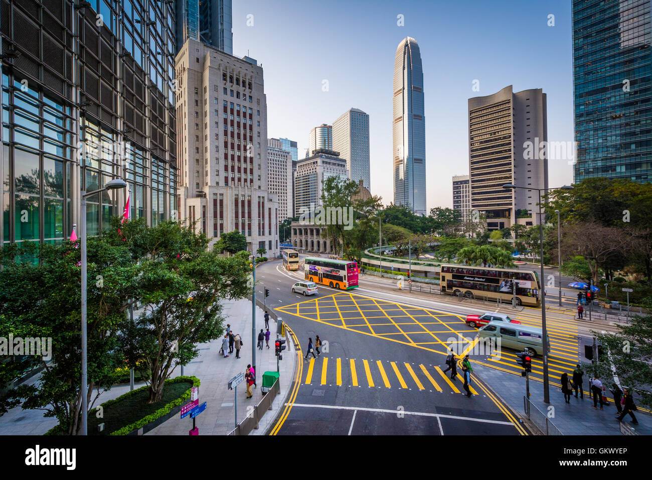 View of an intersection and modern buildings at Central, in Hong Kong ...