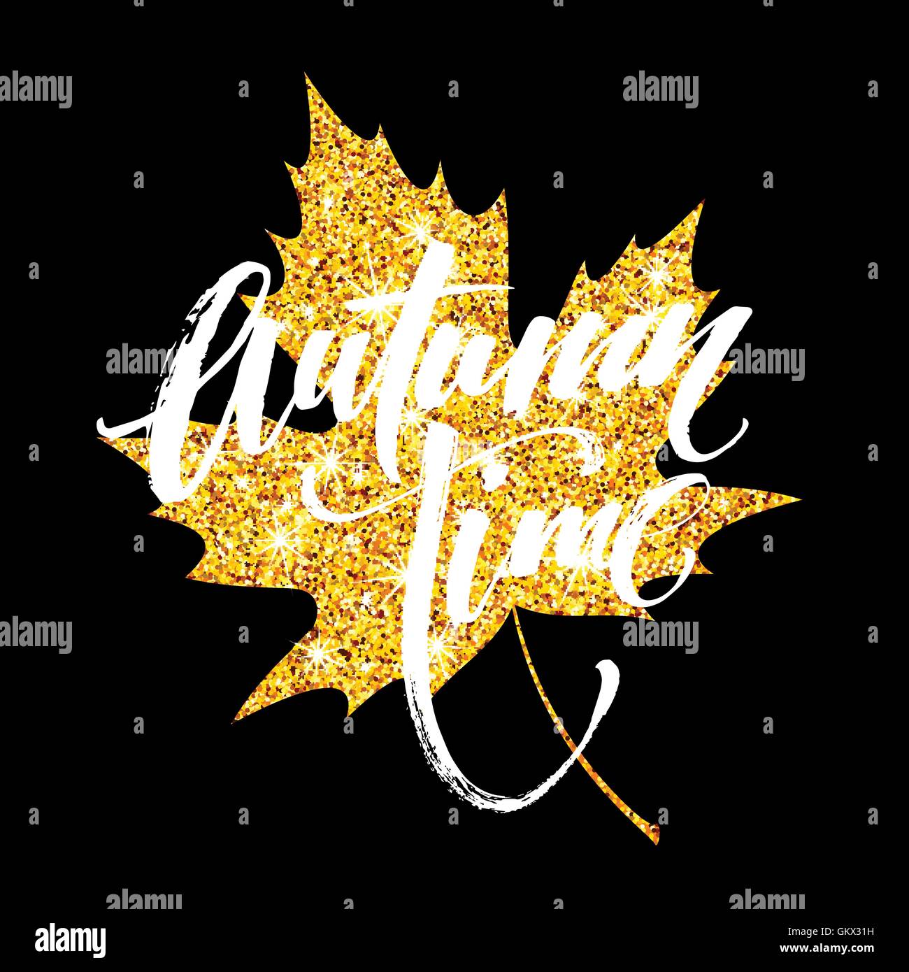 Autumn hand written lettering. Golden, black and white color. Fall time ...