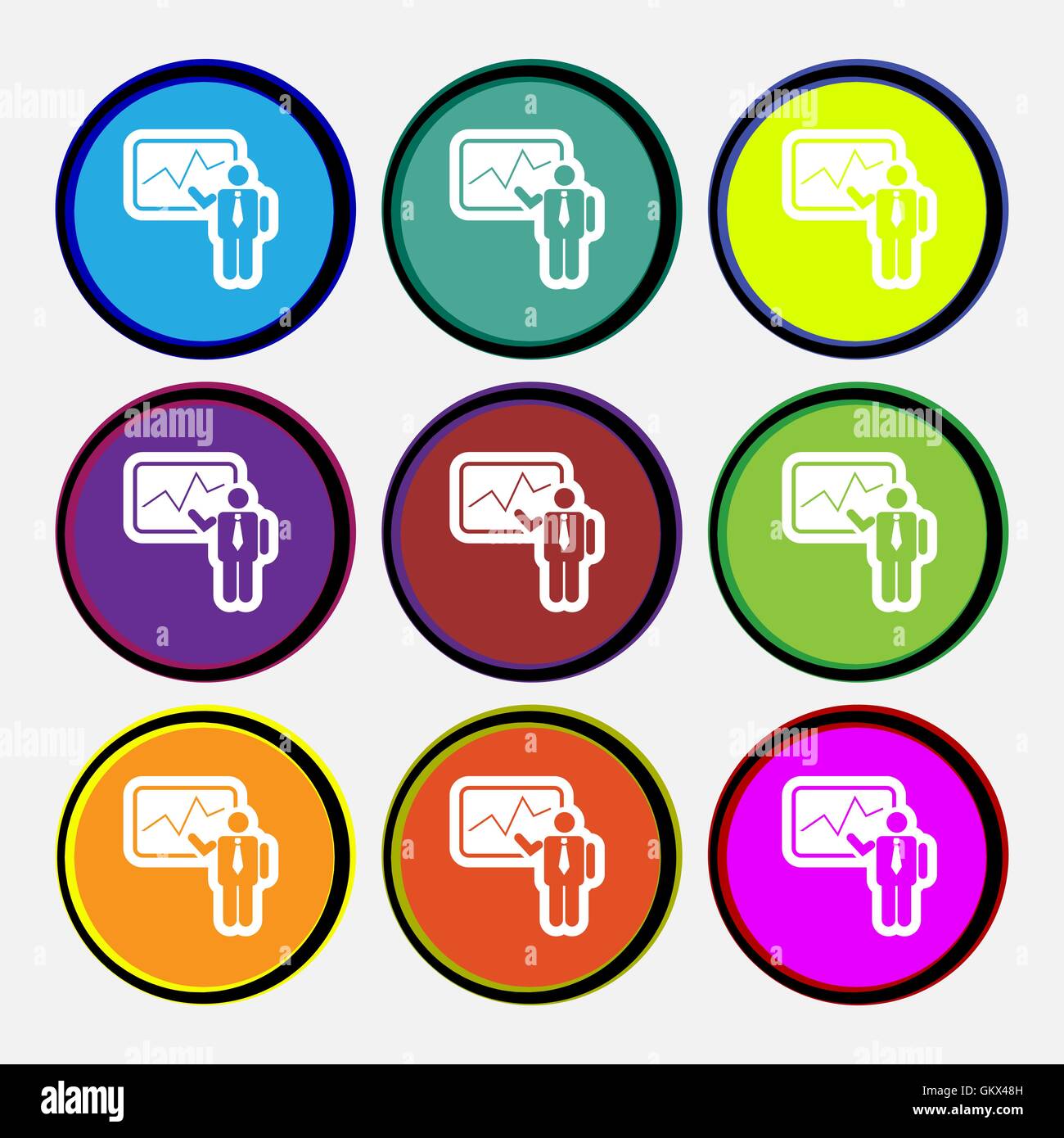 businessman making report icon sign. Nine multi colored round buttons ...