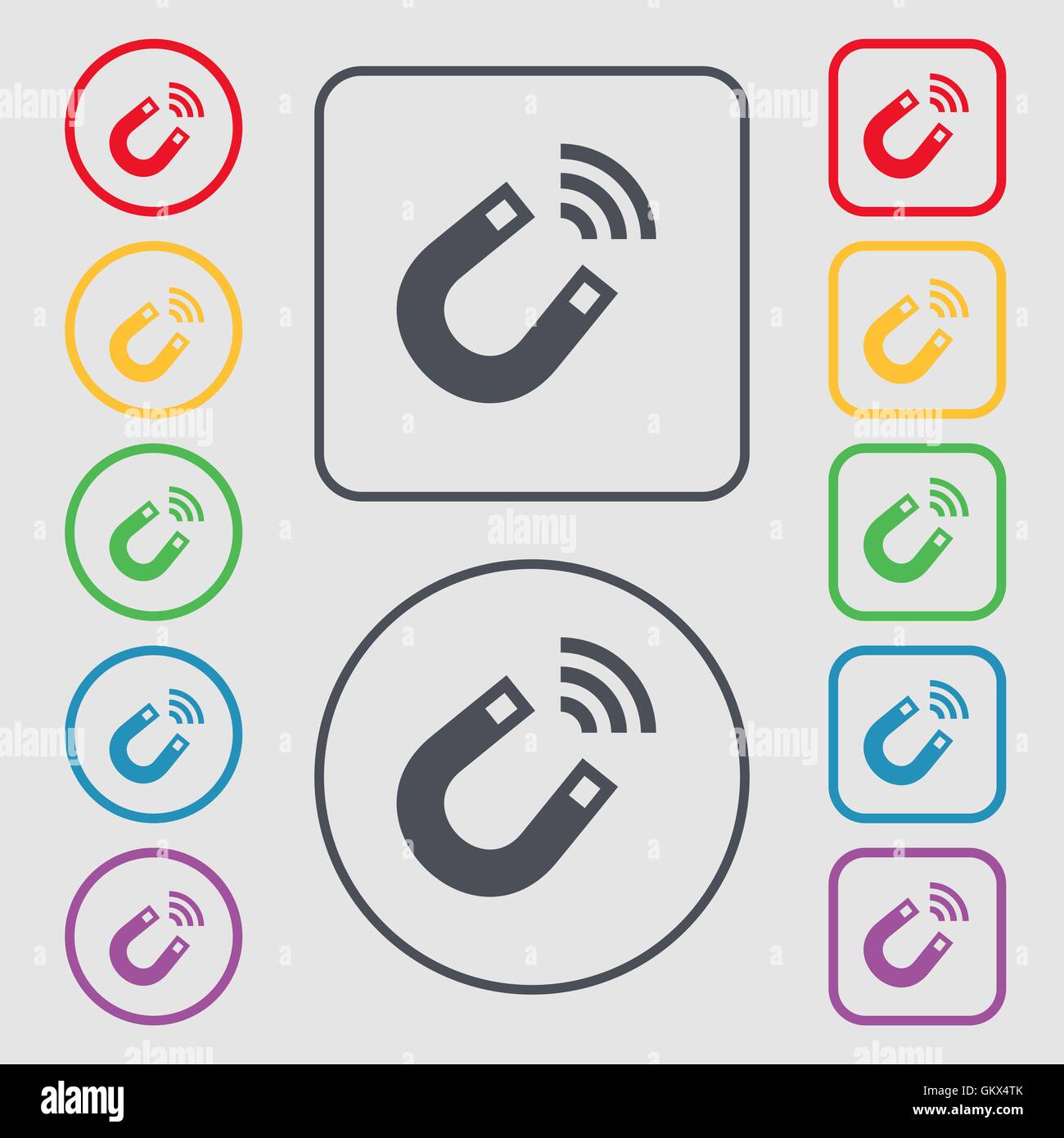 Magnet icon sign. symbol on the Round and square buttons with frame ...
