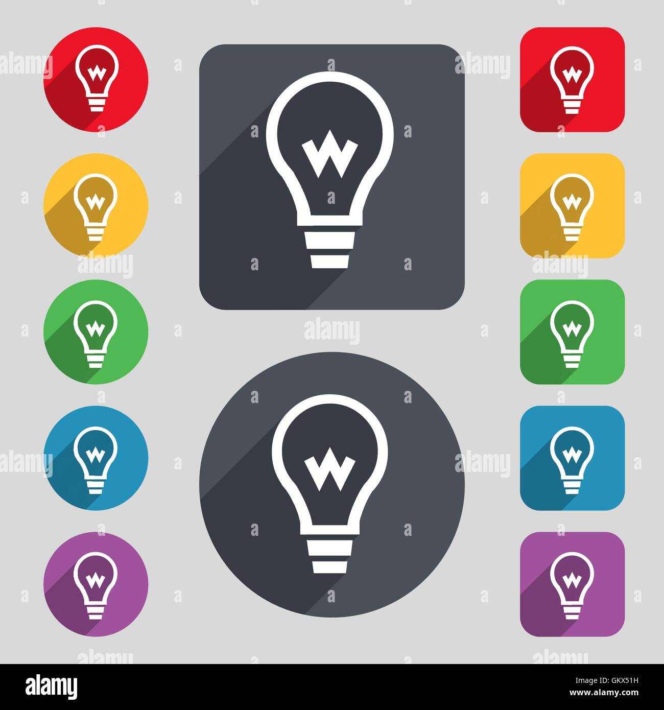Light bulb icon sign. A set of 12 colored buttons and a long shadow ...