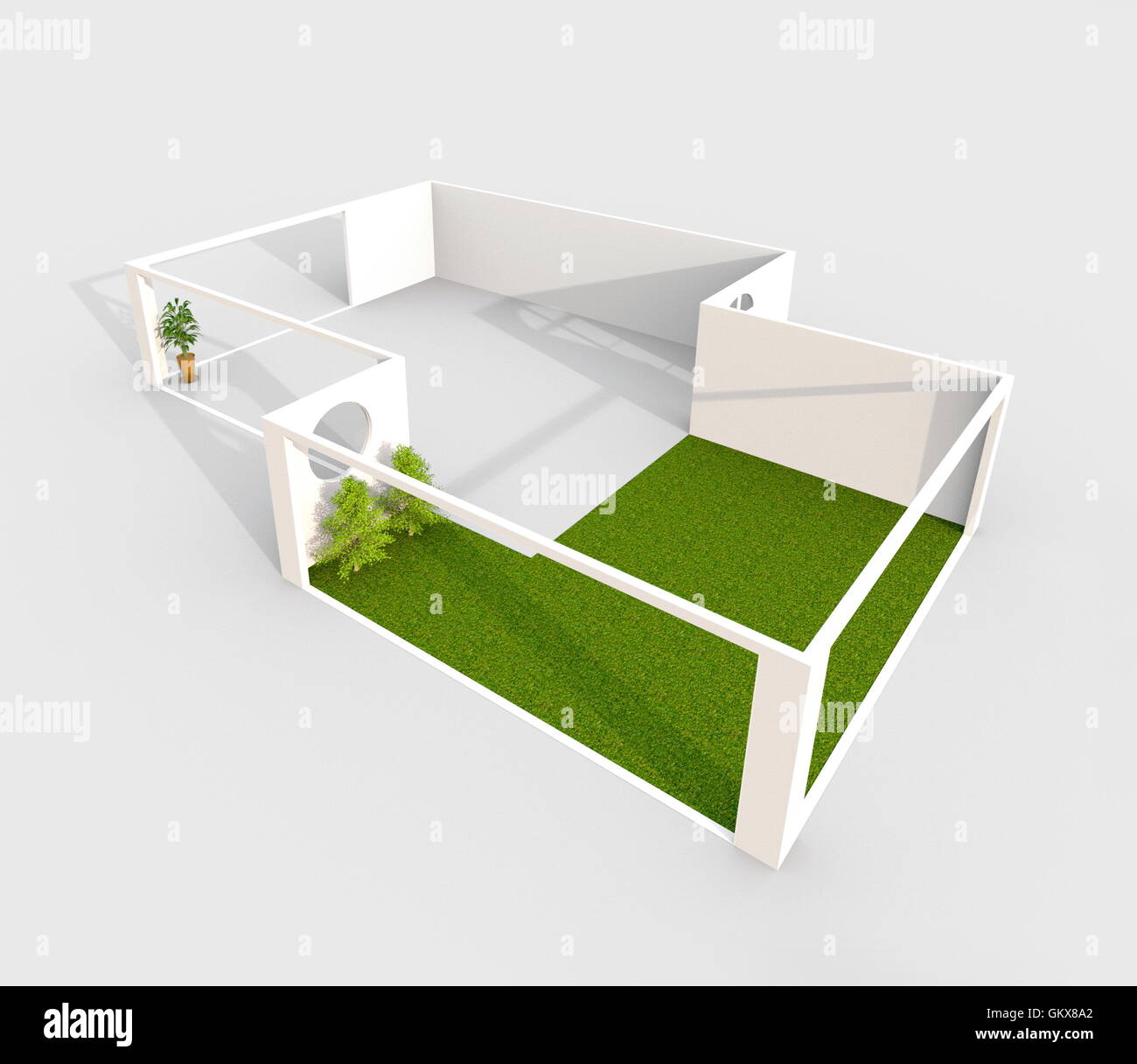 3d interior rendering of empty room with green patio Stock Photo - Alamy