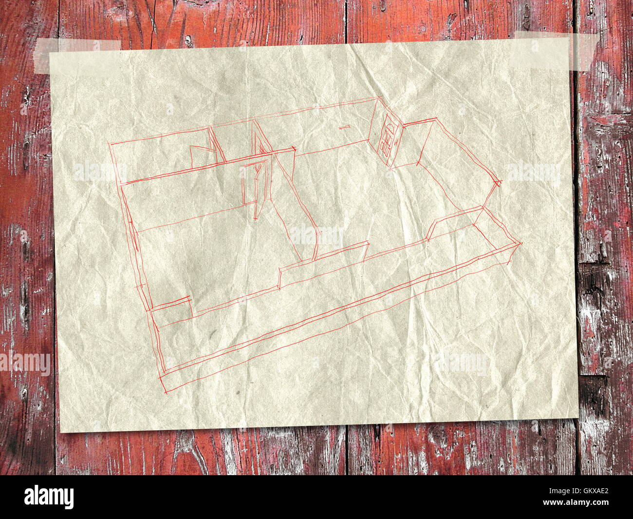 2d red pen freehand sketch drawing of empty home apartment on old paper ...