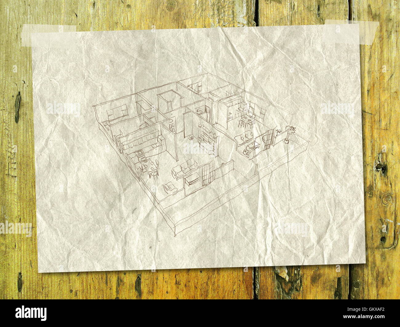 2d sepia pen freehand sketch drawing of furnished home apartment on old ...