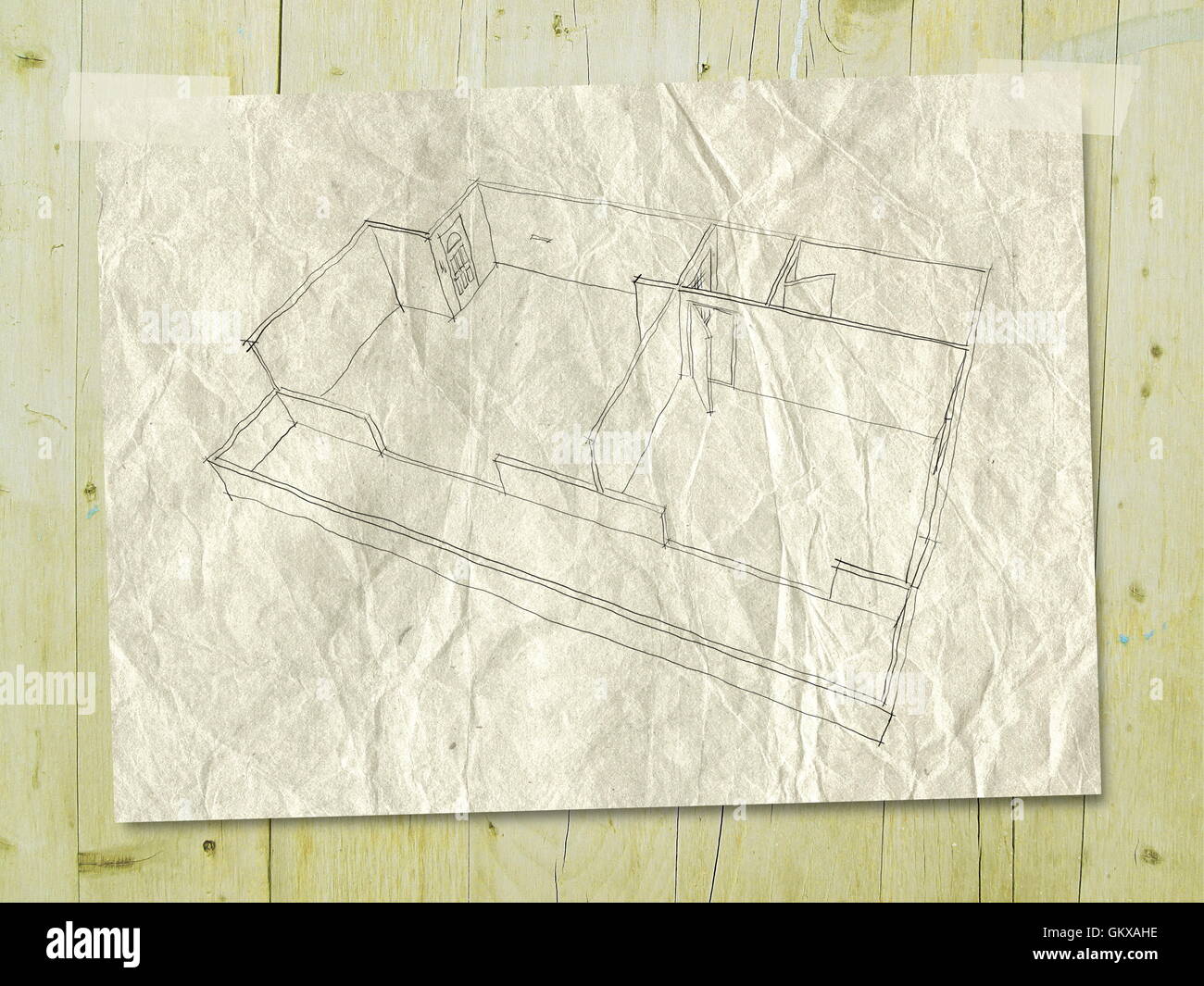 2d black pen freehand sketch drawing of empty home apartment on old ...