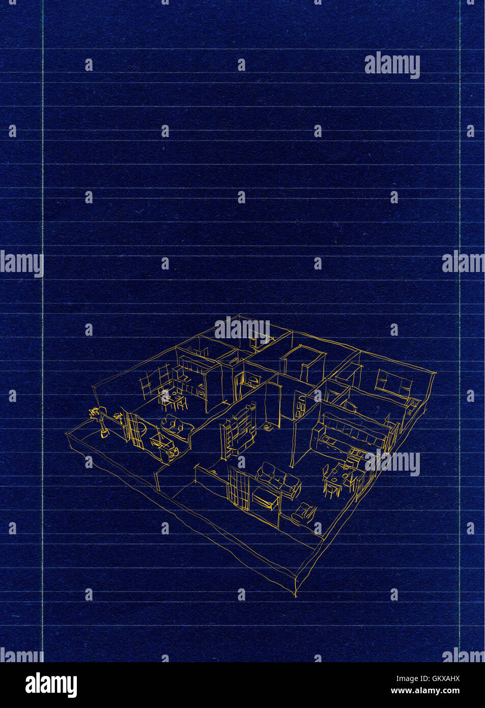 2d blueprint freehand sketch drawing of furnished home apartment Stock ...