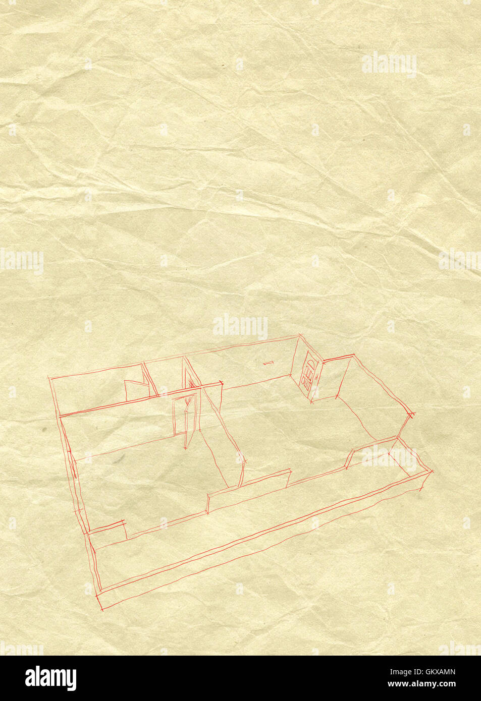 2d red pen freehand sketch drawing of empty home apartment on old paper ...