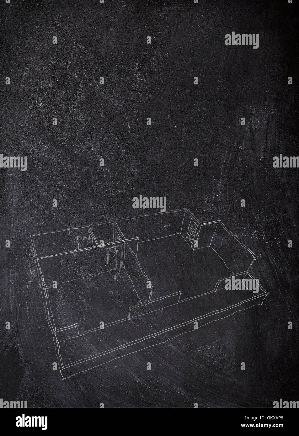 2d chalk freehand sketch drawing of empty home apartment on blackboard ...