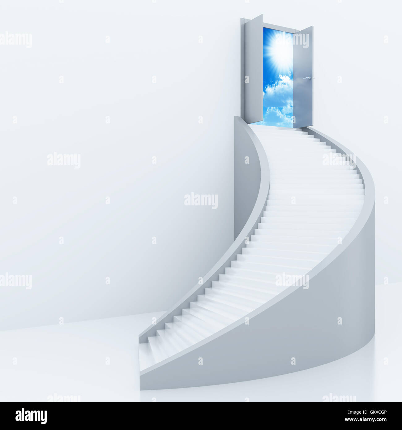 White twisted ladder and opened door with blue sky and sun Stock Photo ...