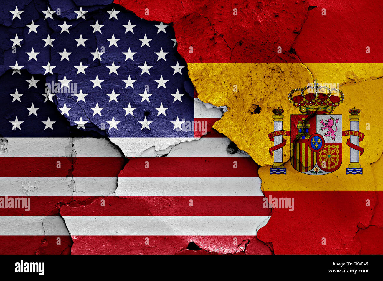 flags of USA and Spain painted on cracked wall Stock Photo - Alamy