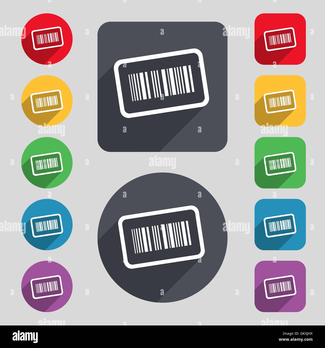 Barcode icon sign. A set of 12 colored buttons and a long shadow. Flat ...