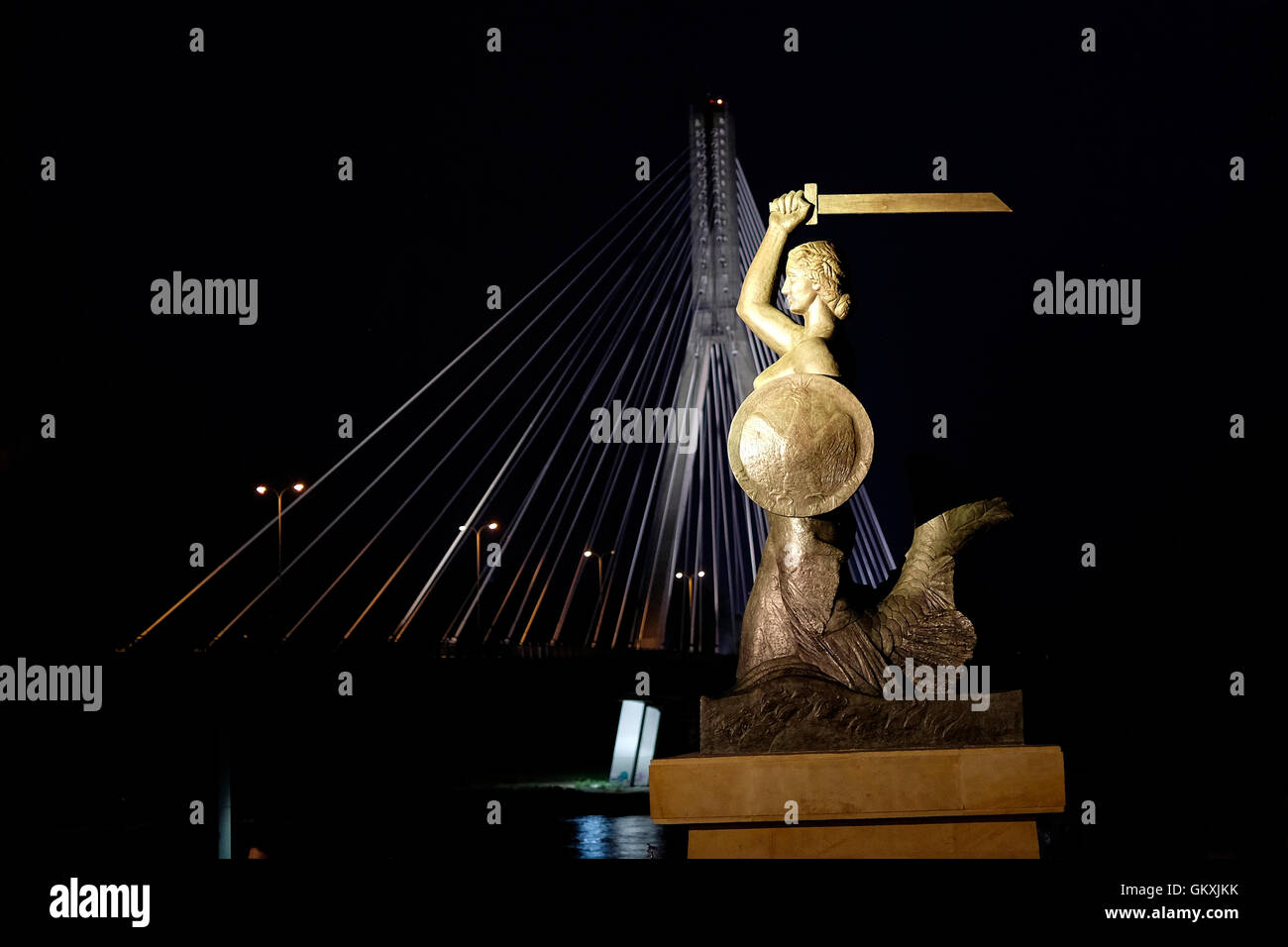 View of the bronze statue Mermaid of Warsaw Syrenka Warszawska a symbol ...