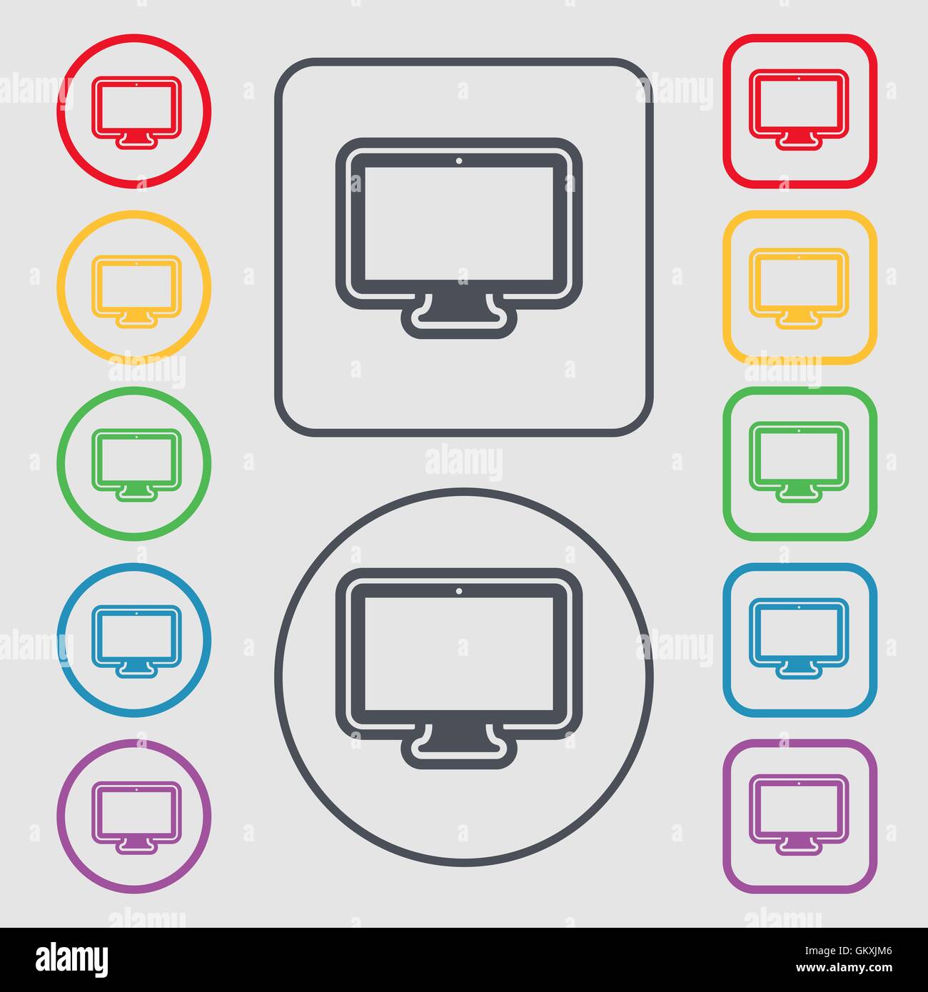 monitor icon sign. symbol on the Round and square buttons with frame ...