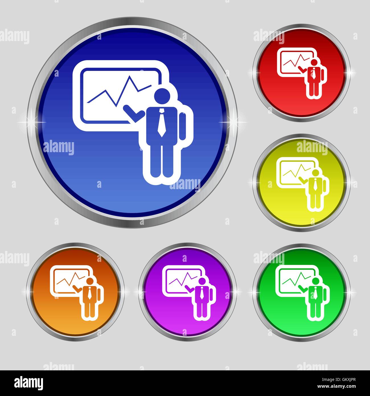 businessman making report icon sign. Round symbol on bright colourful ...