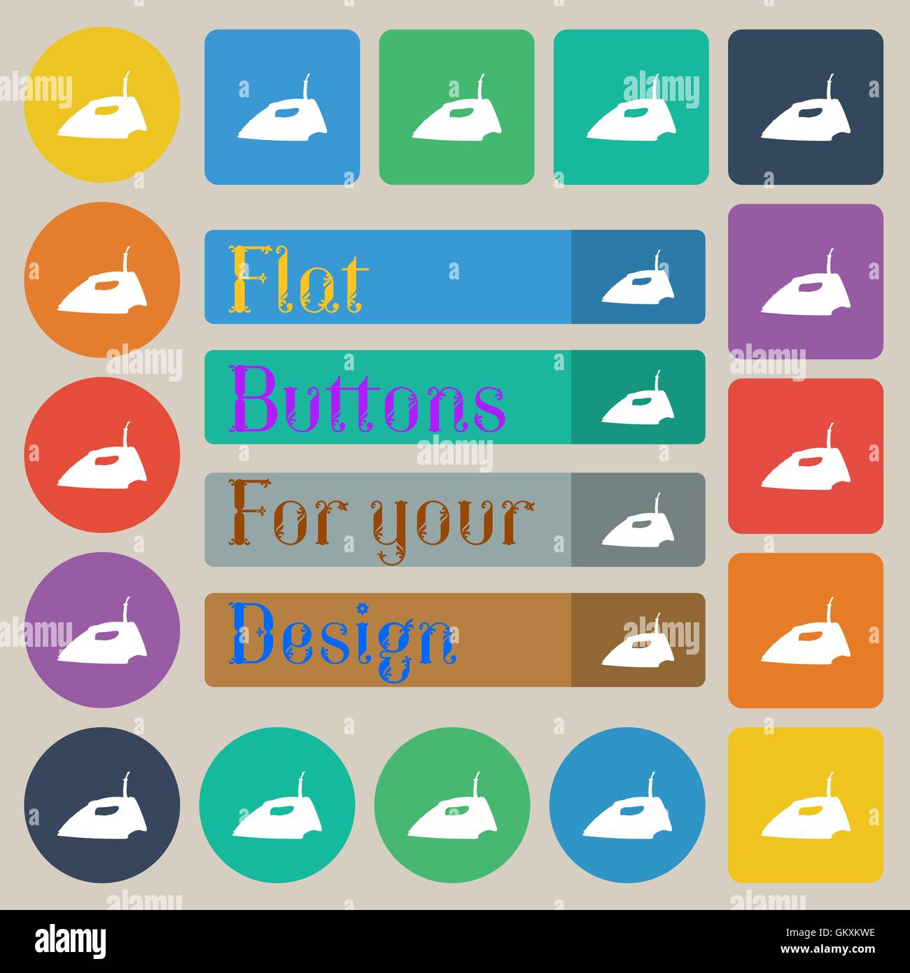 Iron icon sign. Set of twenty colored flat, round, square and ...