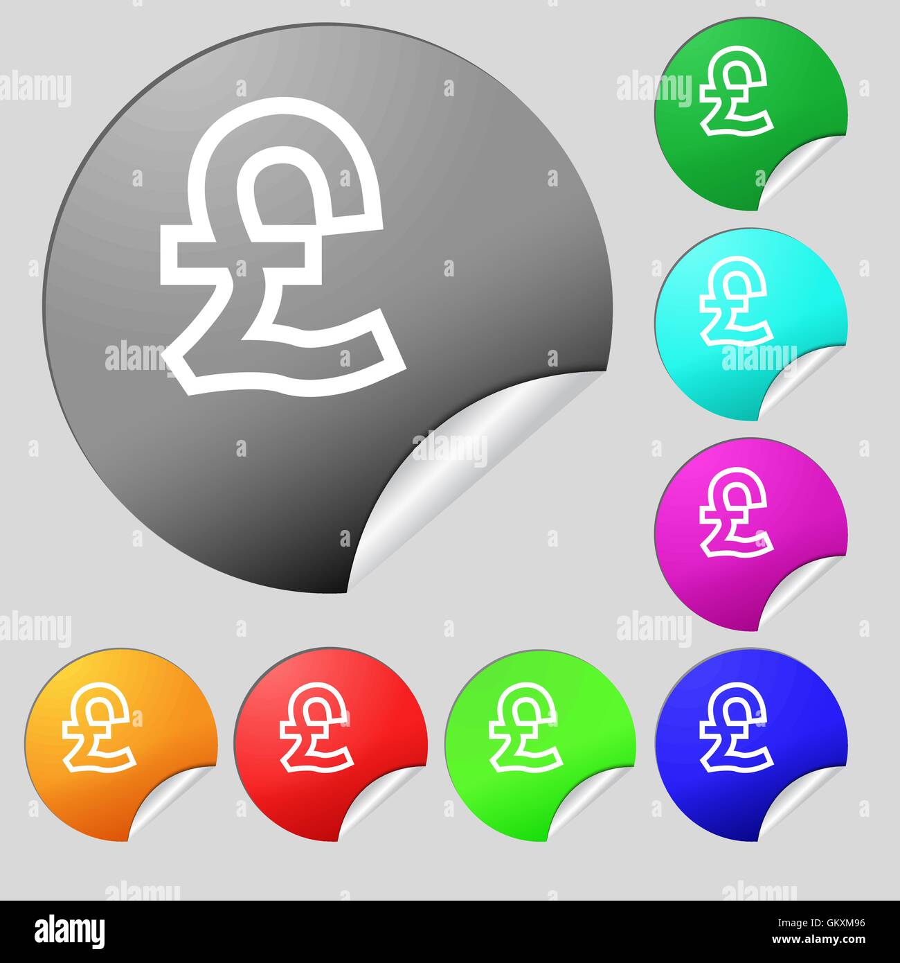 Pound Sterling icon sign. Set of eight multi colored round buttons ...