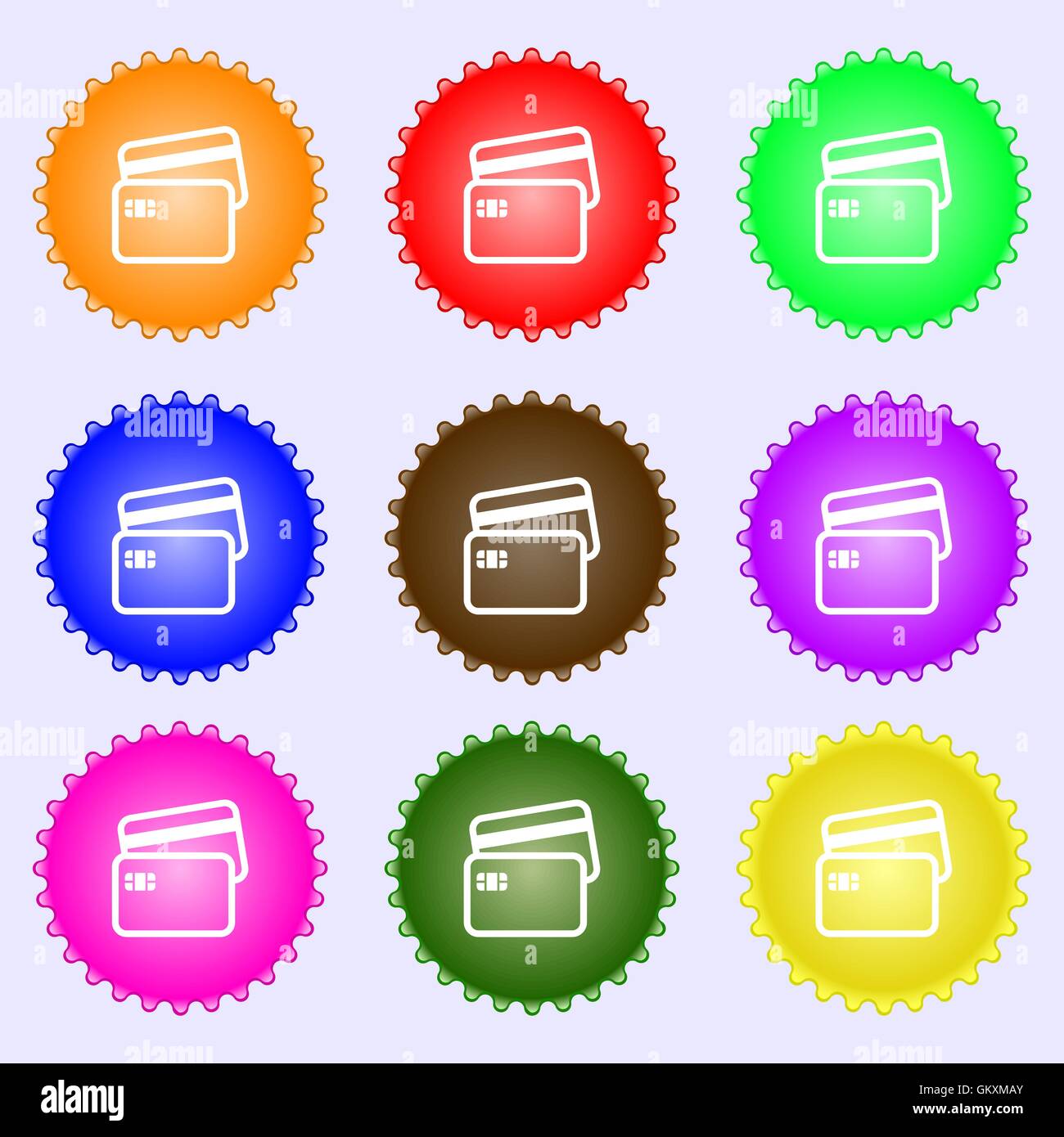 Credit card icon sign. A set of nine different colored labels. Vector ...