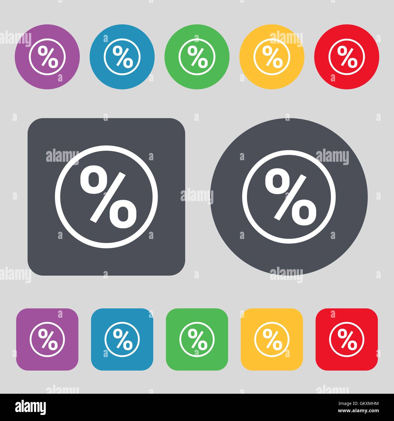percentage discount icon sign. A set of 12 colored buttons. Flat design ...