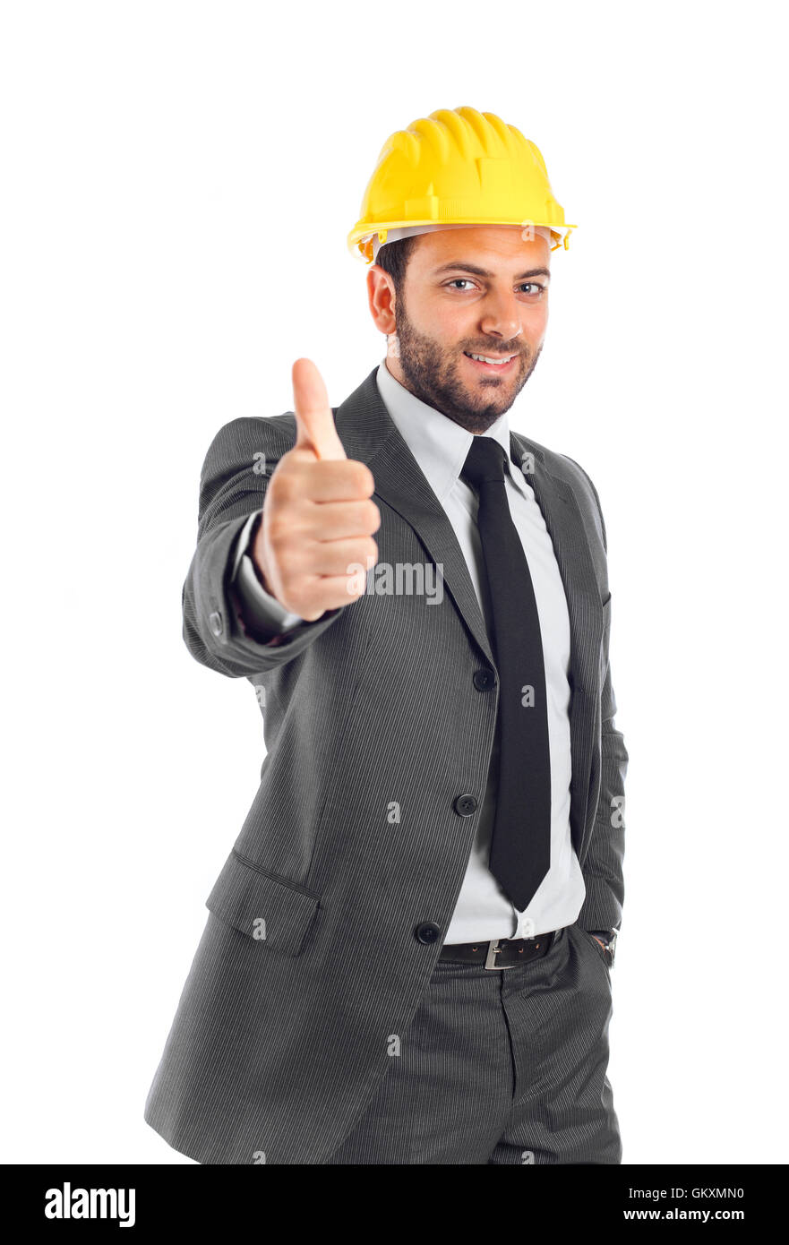 Engineer with thumb up on white background Stock Photo - Alamy