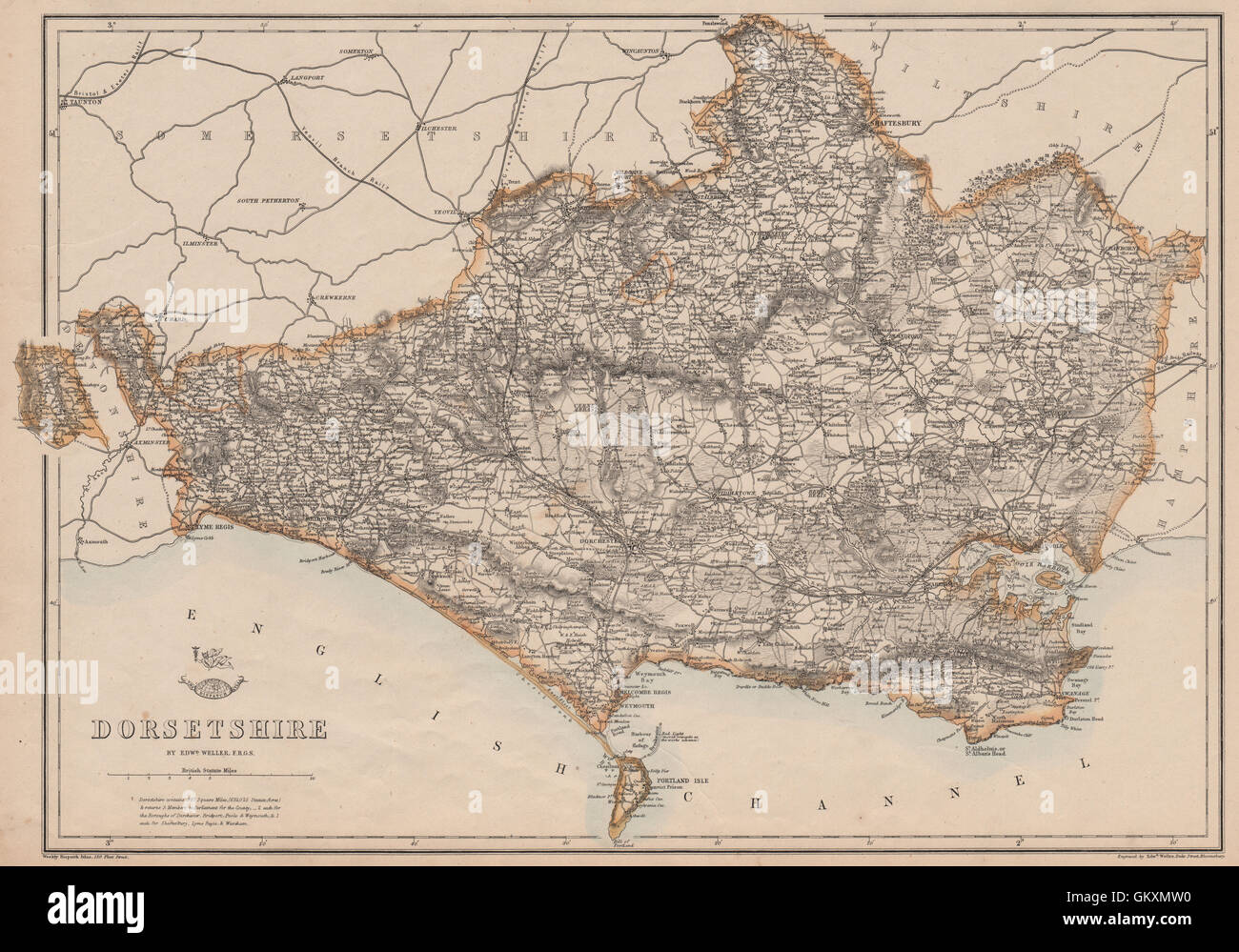 DORSETSHIRE county map. Poole Weymouth. Exclave. Railways. WELLER, 1863 ...