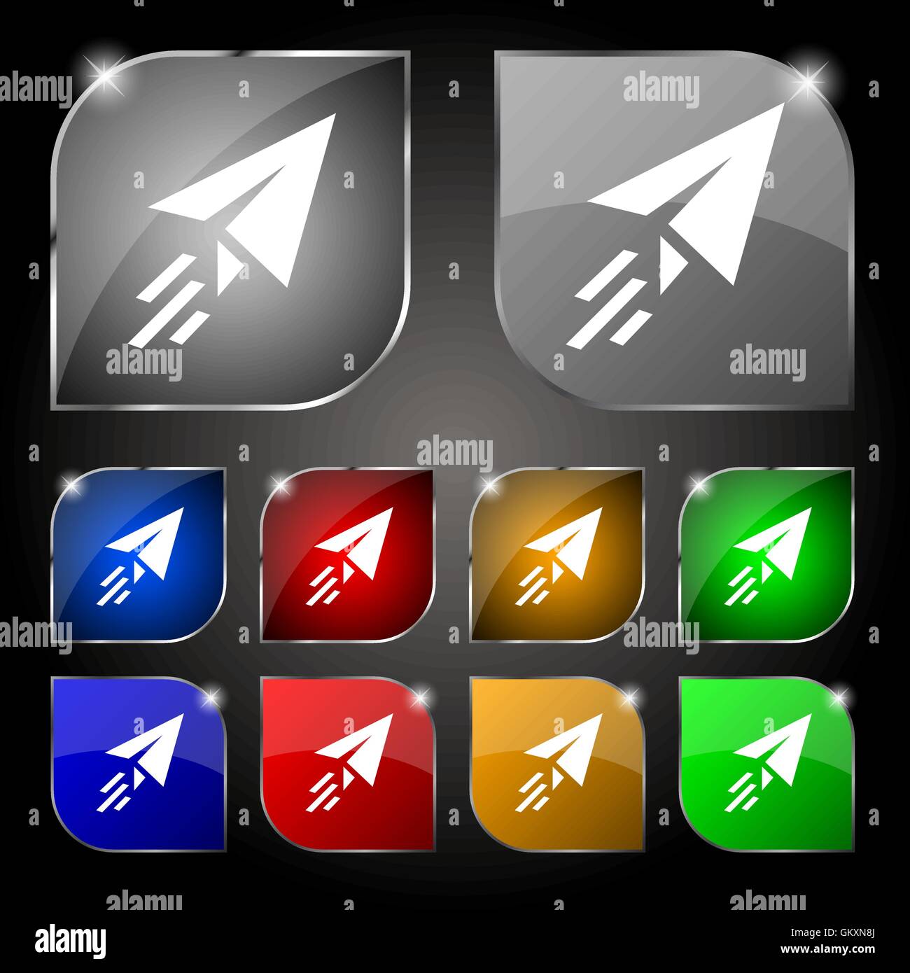 Paper airplane icon sign. Set of ten colorful buttons with glare ...