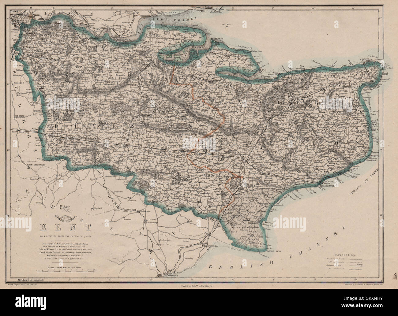 KENT. County map. Downs. Railways in use/under construction. BR DAVIES ...