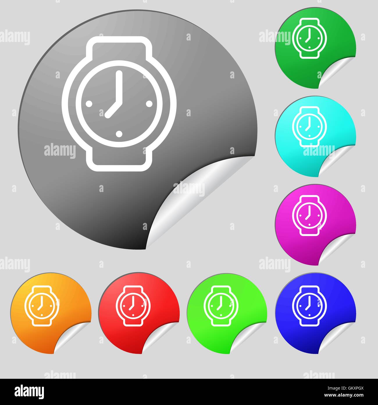 watches icon sign. Set of eight multi colored round buttons, stickers ...