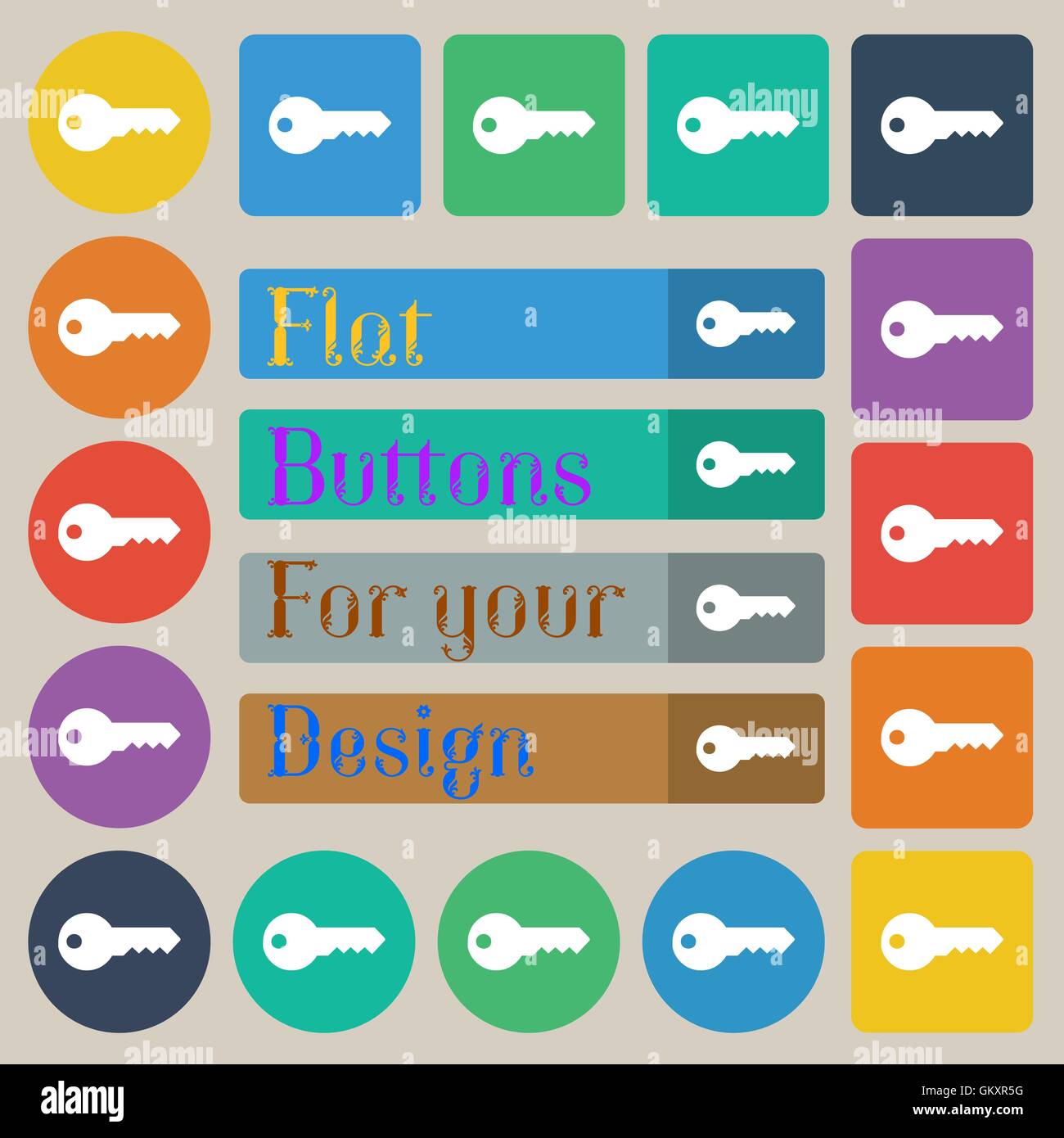 key icon sign. Set of twenty colored flat, round, square and ...