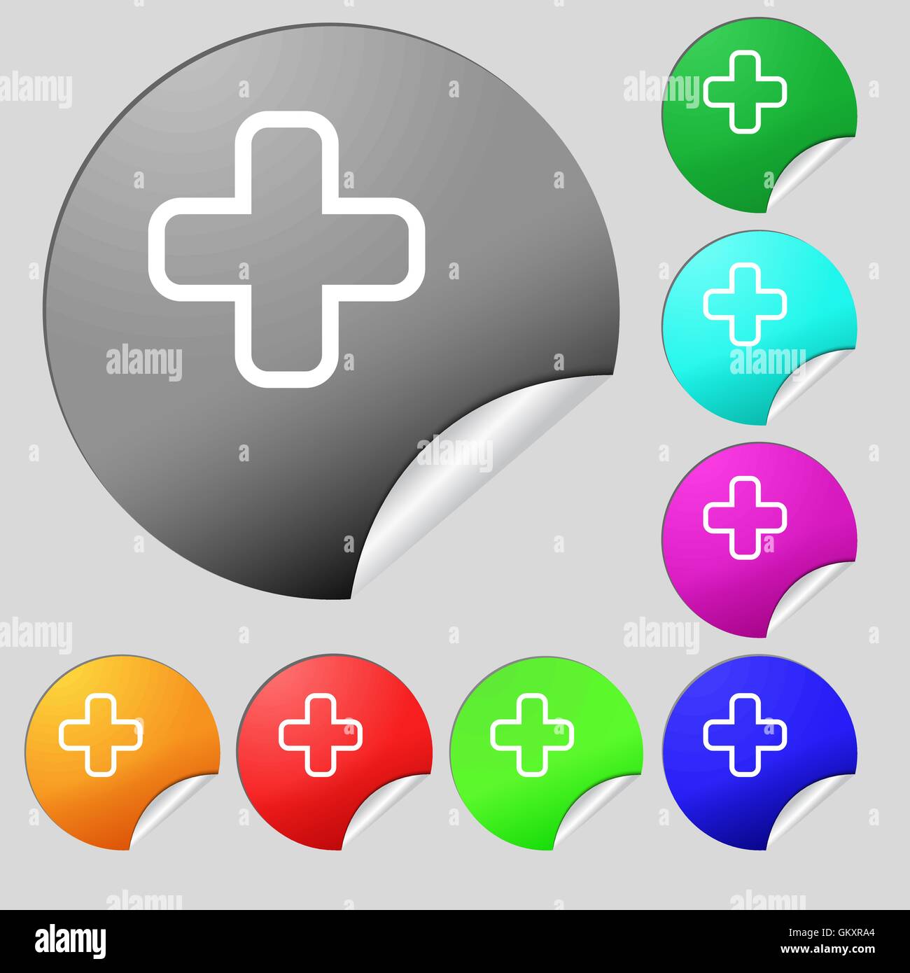 Plus icon sign. Set of eight multi colored round buttons, stickers ...