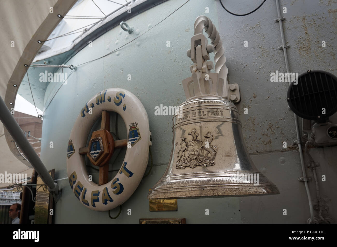 Bell and life ring HMS Belfast Royal Navy Ship museum on the Thames ...