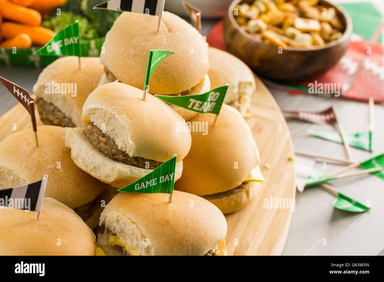 Sliders with veggie tray on the table for the football party Stock ...
