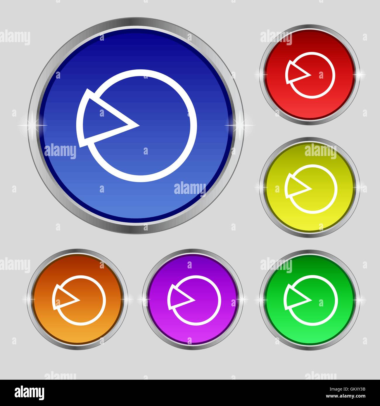 Pie chart graph icon sign. Round symbol on bright colourful buttons ...