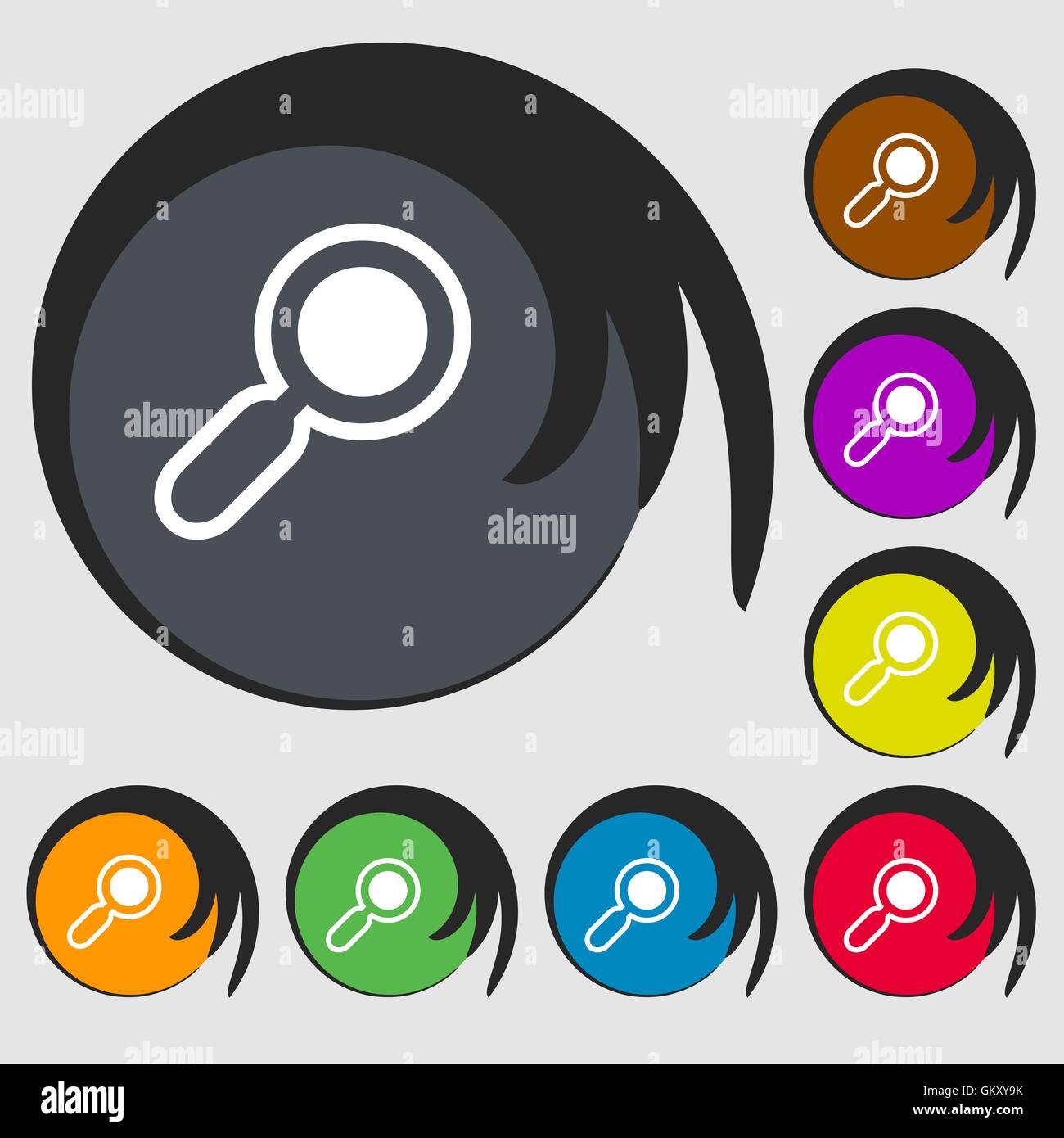 magnifying glass, zoom icon sign. Symbol on eight colored buttons ...