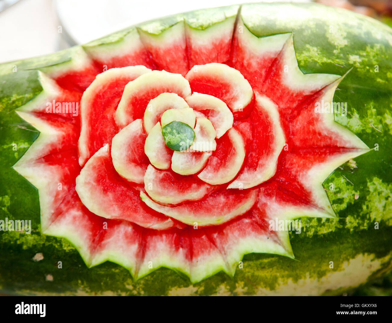 Watermelon decoration with floral carvings for banquet Stock Photo - Alamy