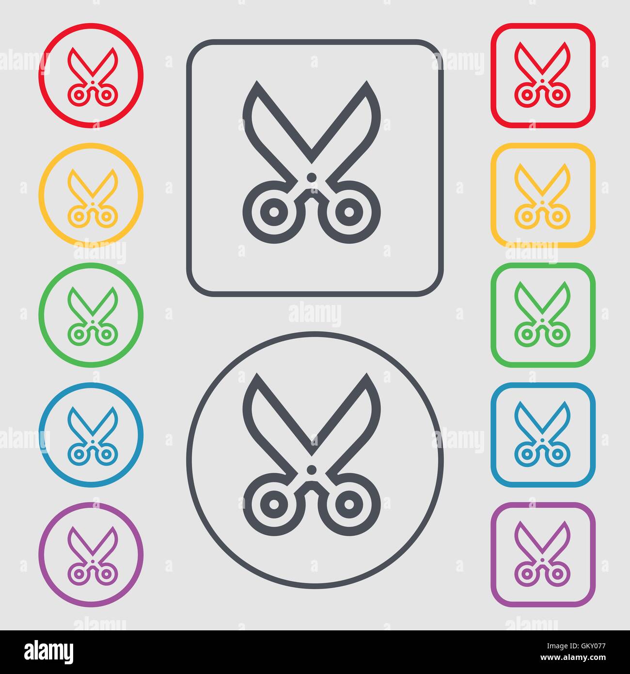 scissors icon sign. symbol on the Round and square buttons with frame ...