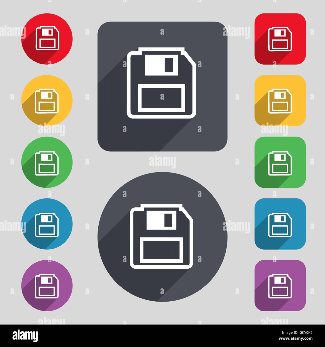 floppy disk icon sign. A set of 12 colored buttons and a long shadow ...