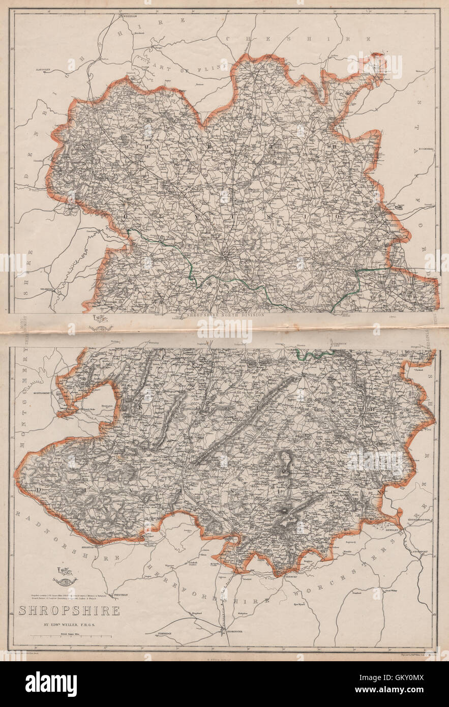 SHROPSHIRE Large county map. Railways Wenlock Edge Stiperstones.WELLER ...