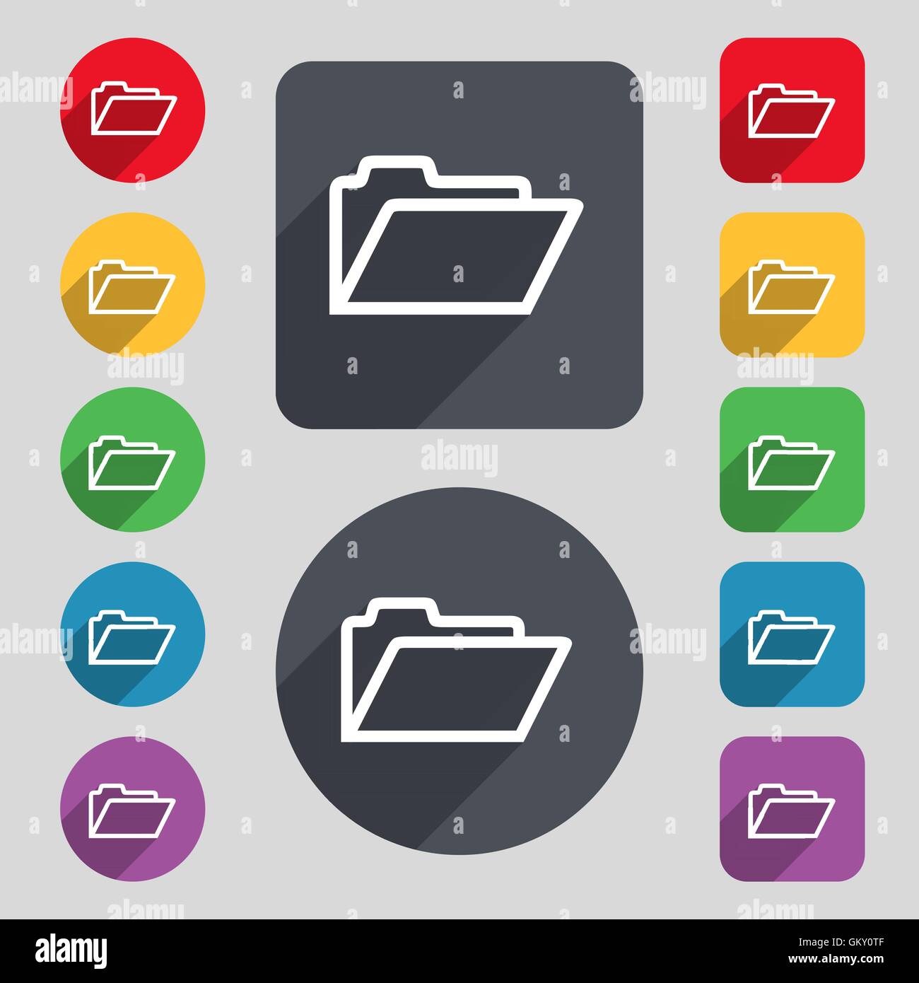 Folder icon sign. A set of 12 colored buttons and a long shadow. Flat ...