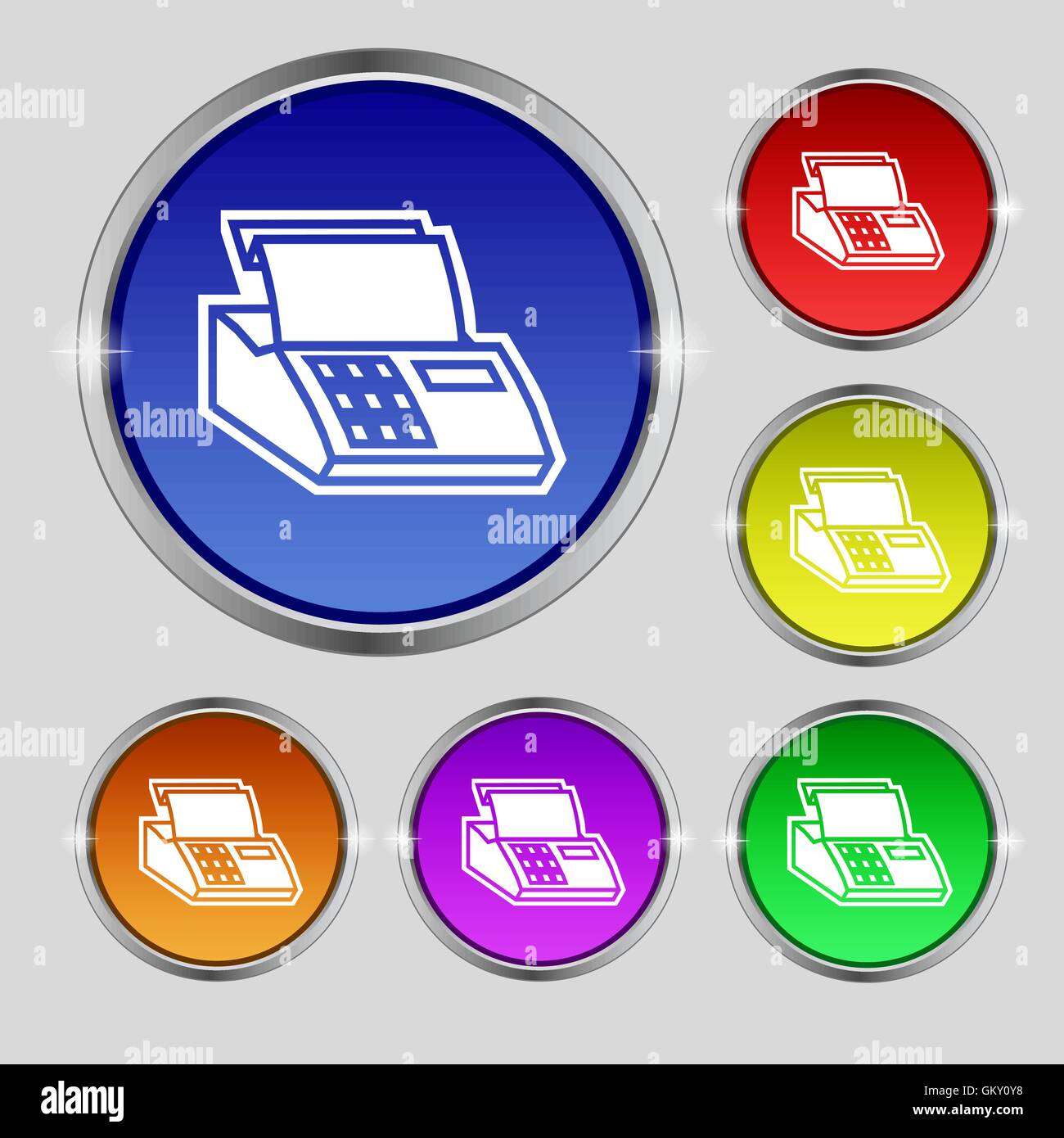 Cash register machine icon sign. Round symbol on bright colourful ...