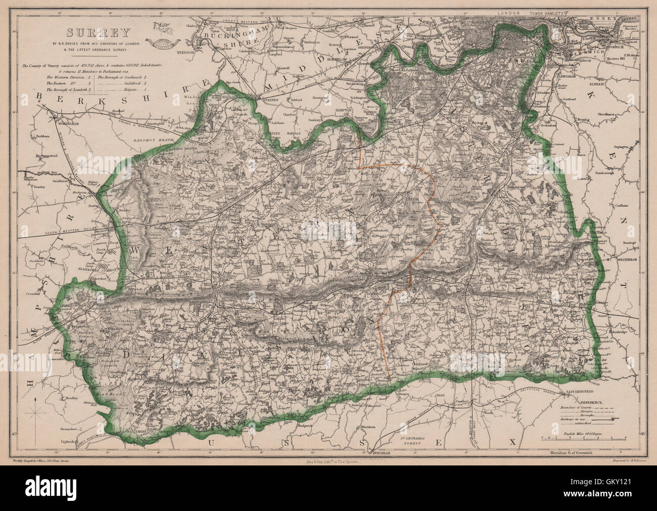 SURREY. Chertsey Guildford Dorking. County map. Railways. BR DAVIES ...