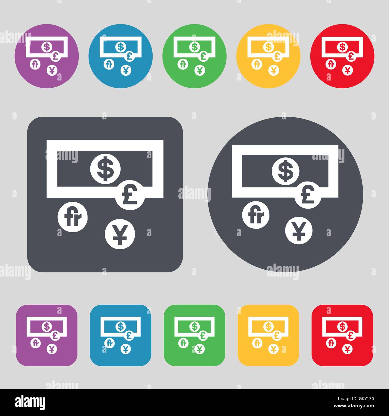 currencies of the world icon sign. A set of 12 colored buttons. Flat ...