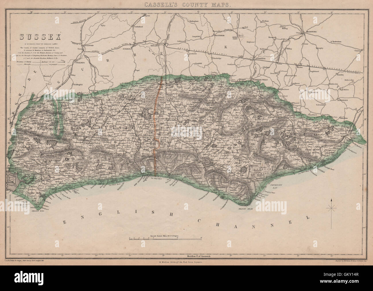 SUSSEX. Chichester Rye Brighton Horsham. County map.Railways.BR DAVIES ...