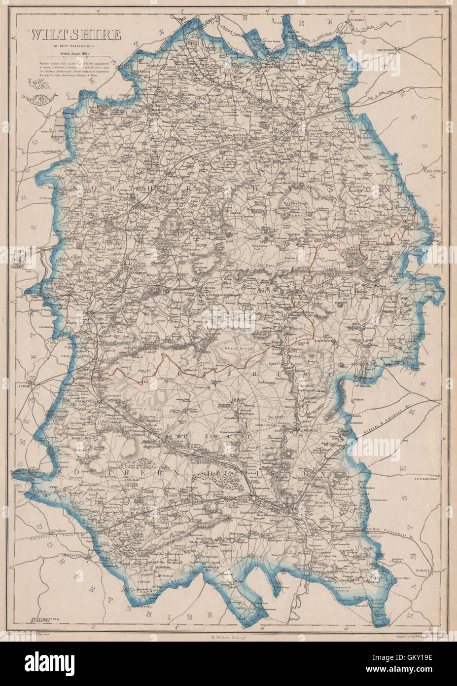 WILTSHIRE. Salisbury Plain. Antique county map. Railways. WELLER, 1863 ...
