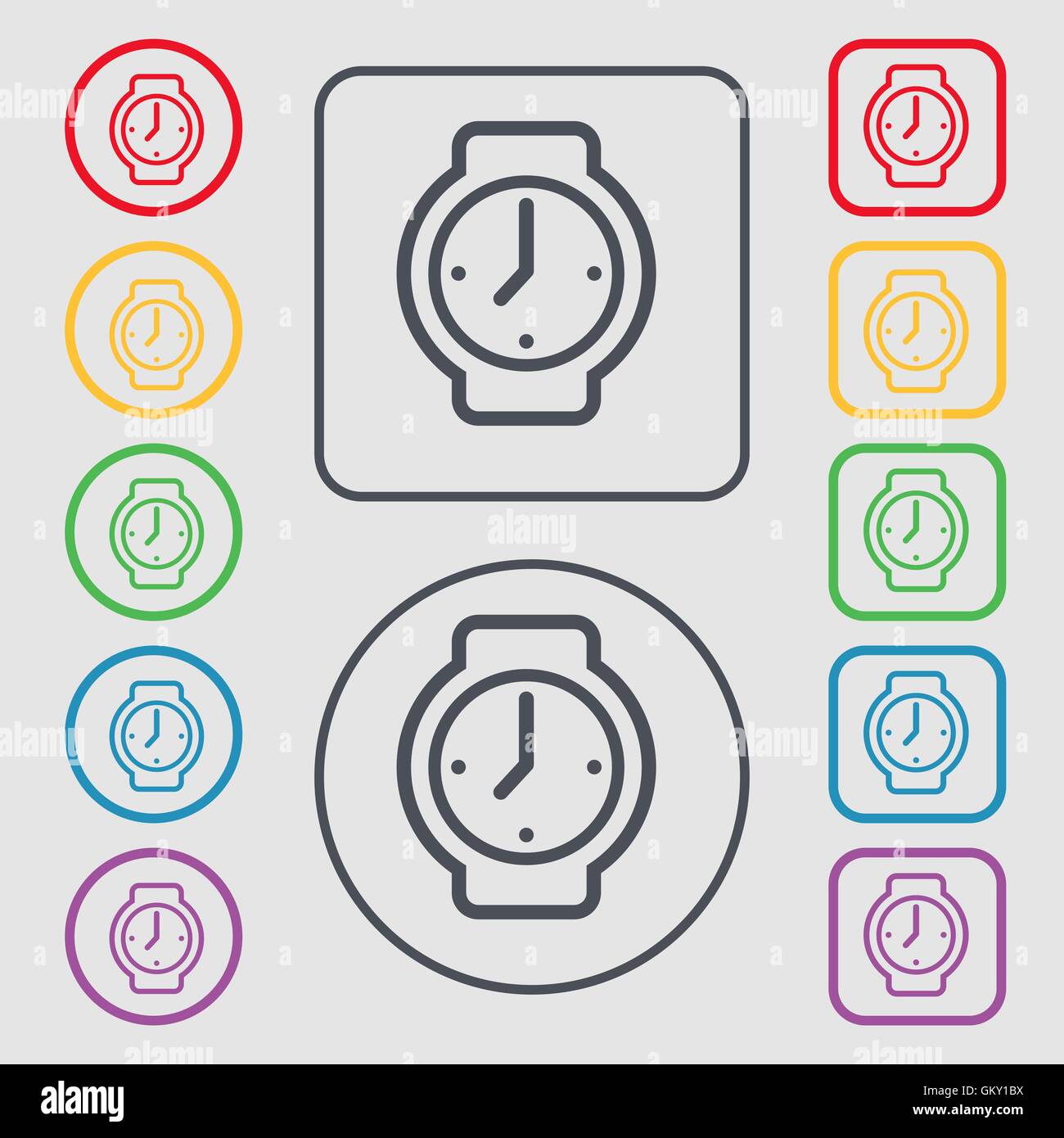 watches icon sign. symbol on the Round and square buttons with frame ...