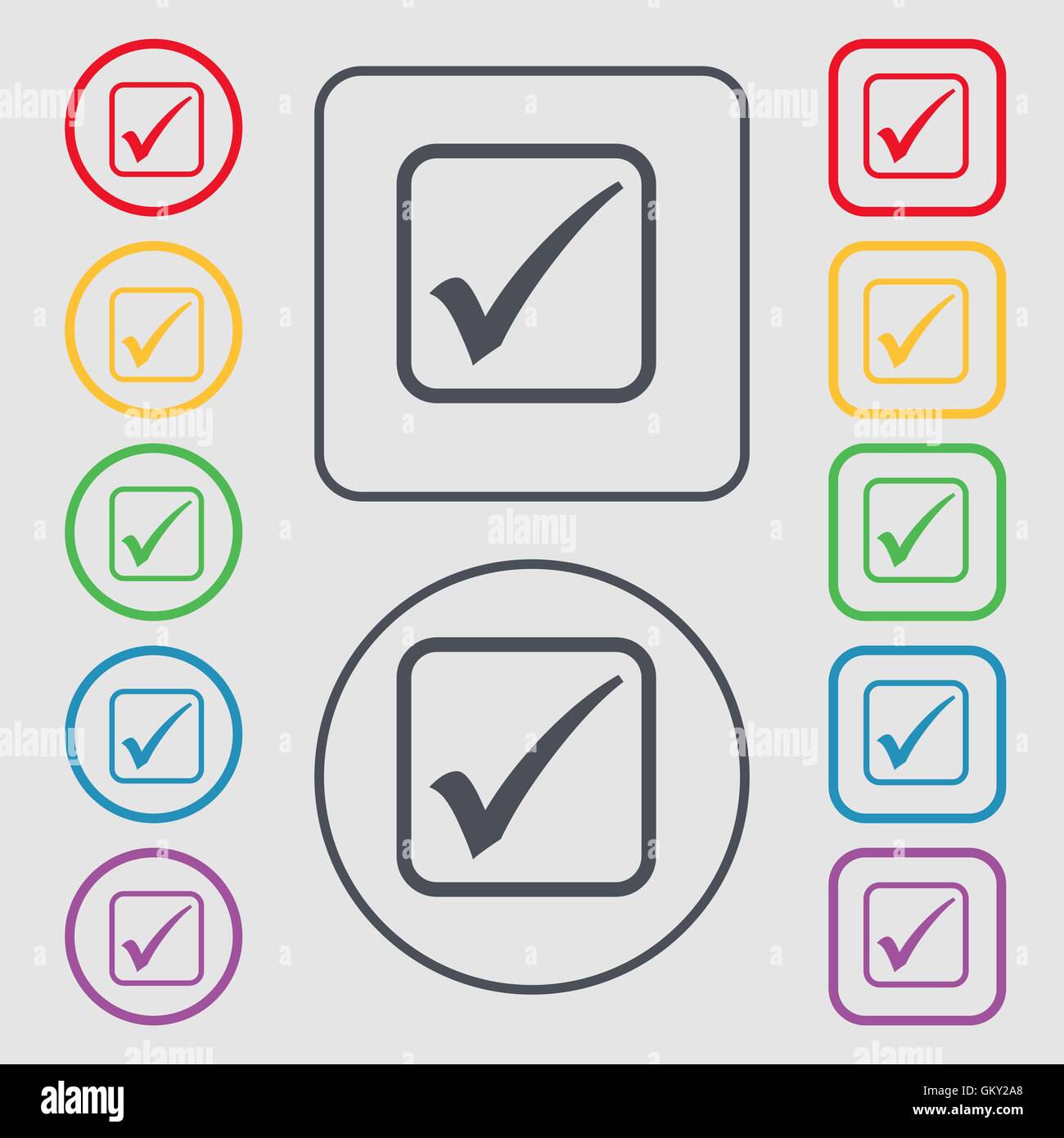 A check mark icon sign. symbol on the Round and square buttons with ...