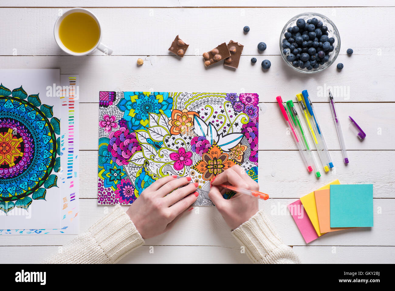 Flat lay, female coloring adult coloring books, new stress relieving ...