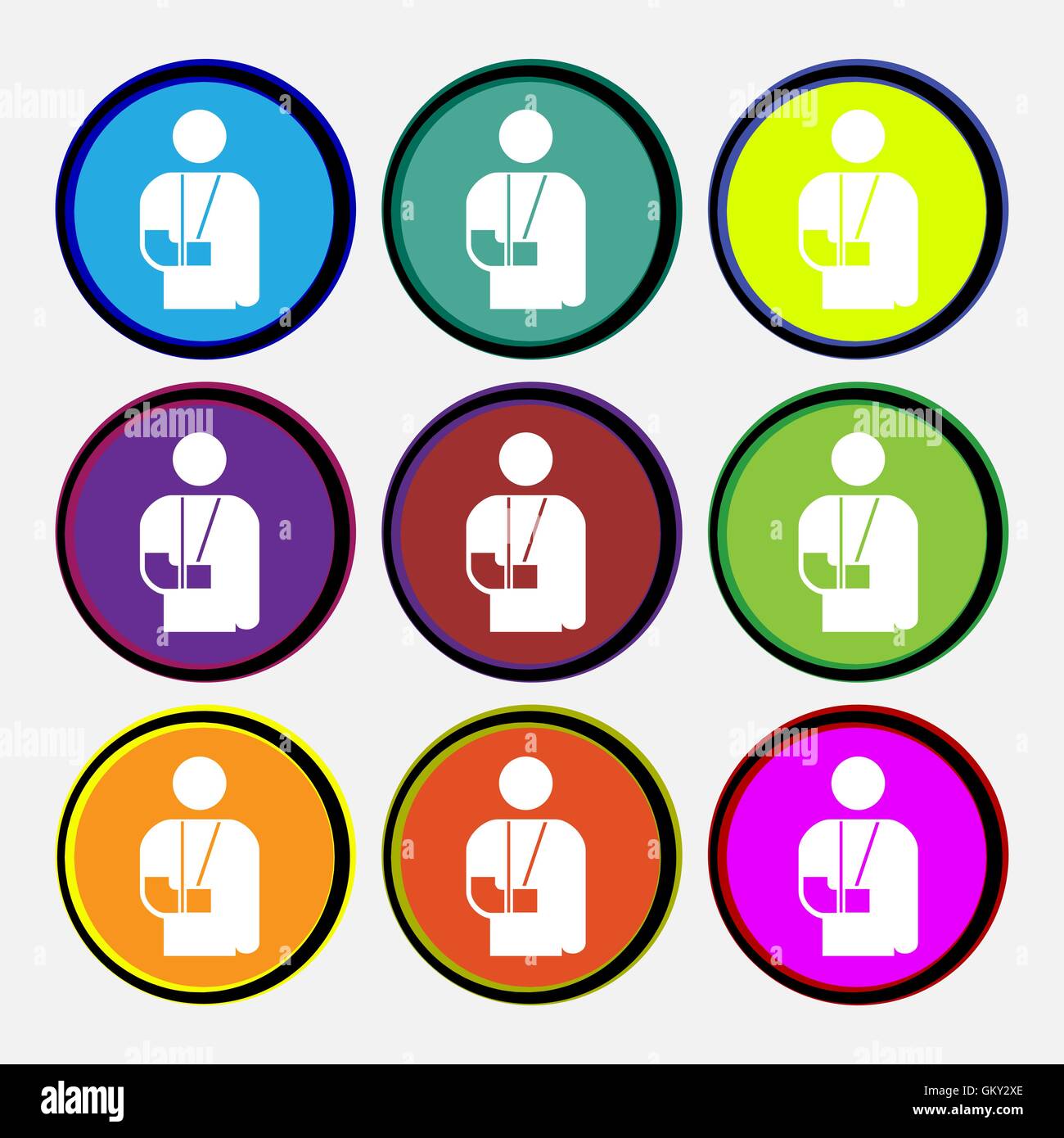 broken arm, disability icon sign. Nine multi colored round buttons ...