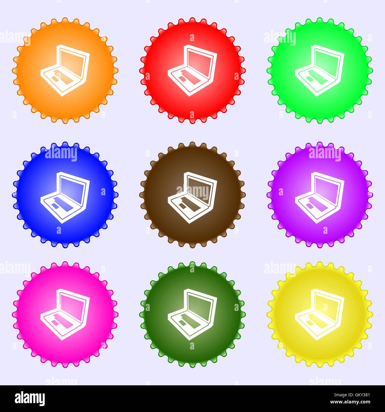Laptop icon sign. A set of nine different colored labels. Vector Stock ...