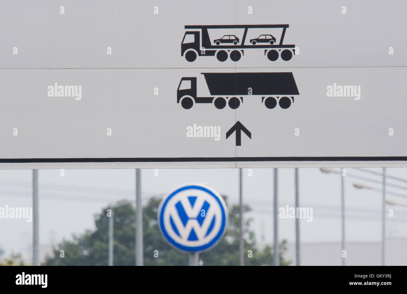 Wolfsburg, Germany. 23rd Aug, 2016. A sign at a truck entrance to the ...
