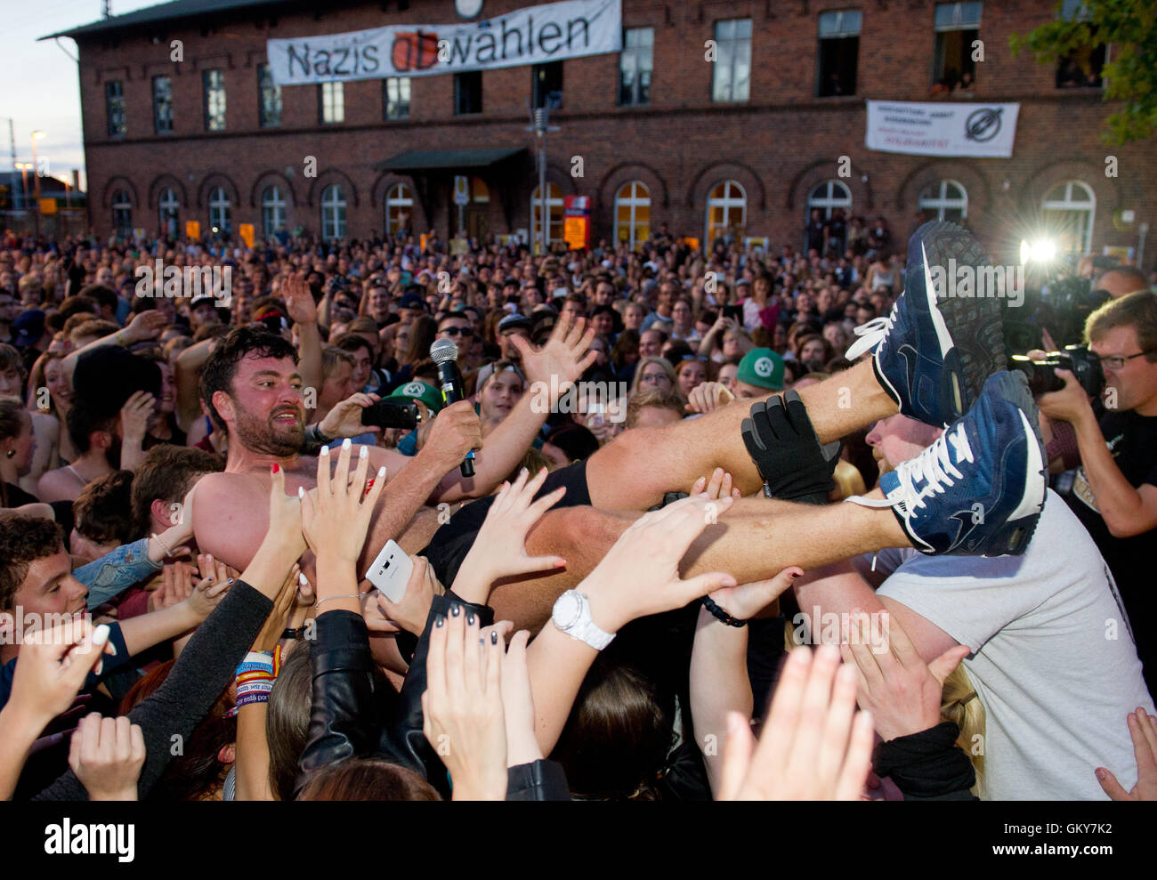 Rostock-born rapper Marteria (Marten Laciny) stage dives during his ...